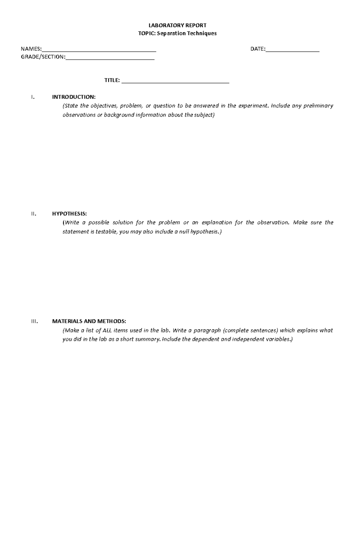 GC1 PT1 Lab report - rep - LABORATORY REPORT TOPIC: Separation ...