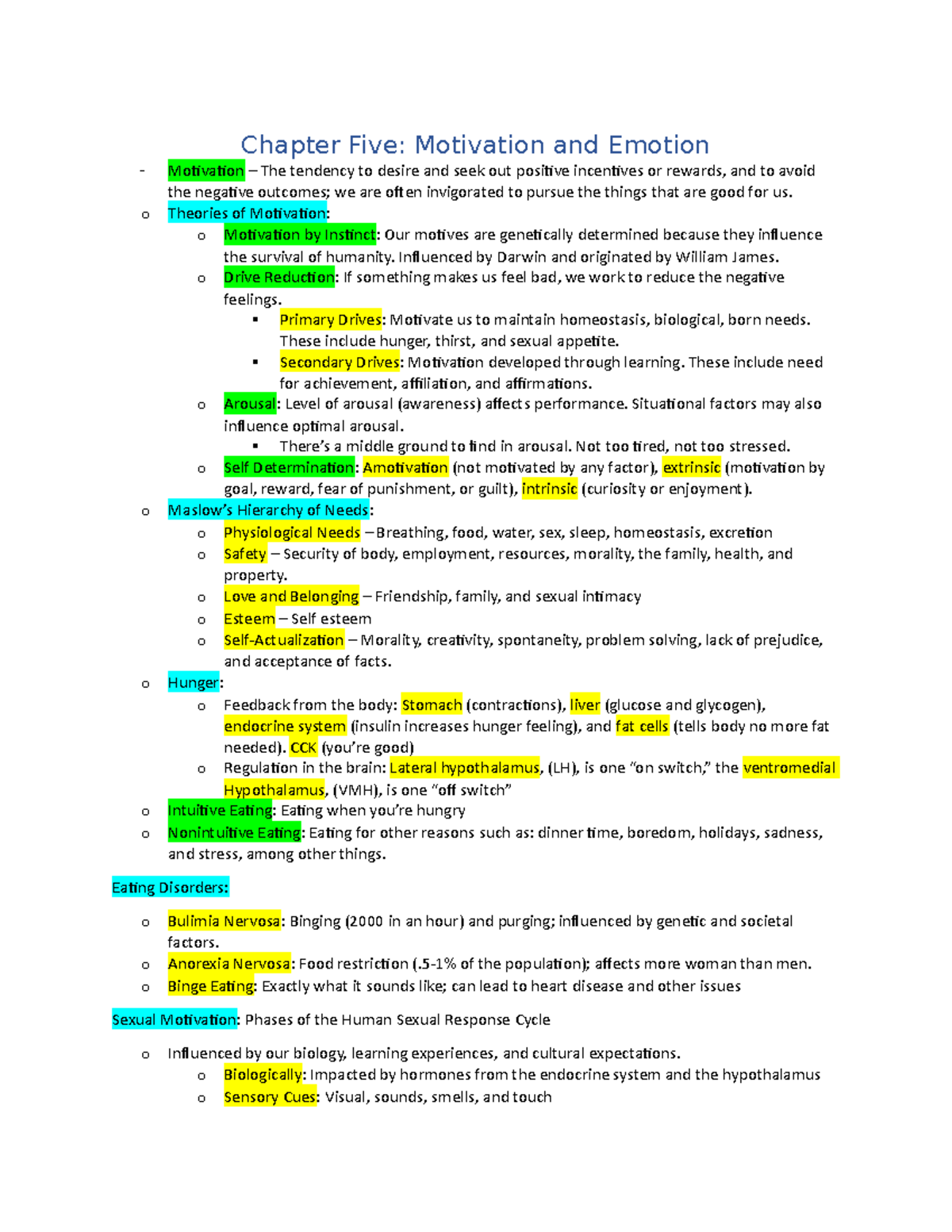 Psychology - Motivation and Emotion (Chapter 5) - Chapter Five ...