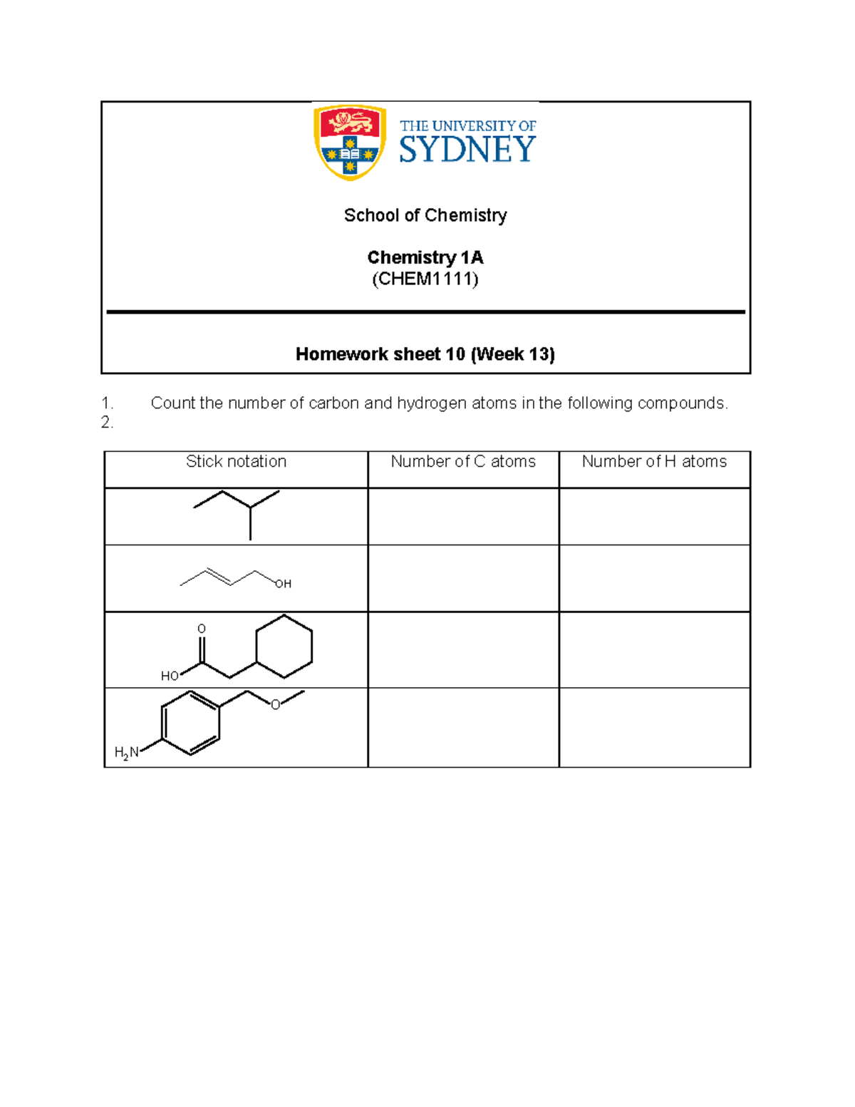 Homework 13 - School of Chemistry Chemistry 1A (CHEM1111) Homework ...