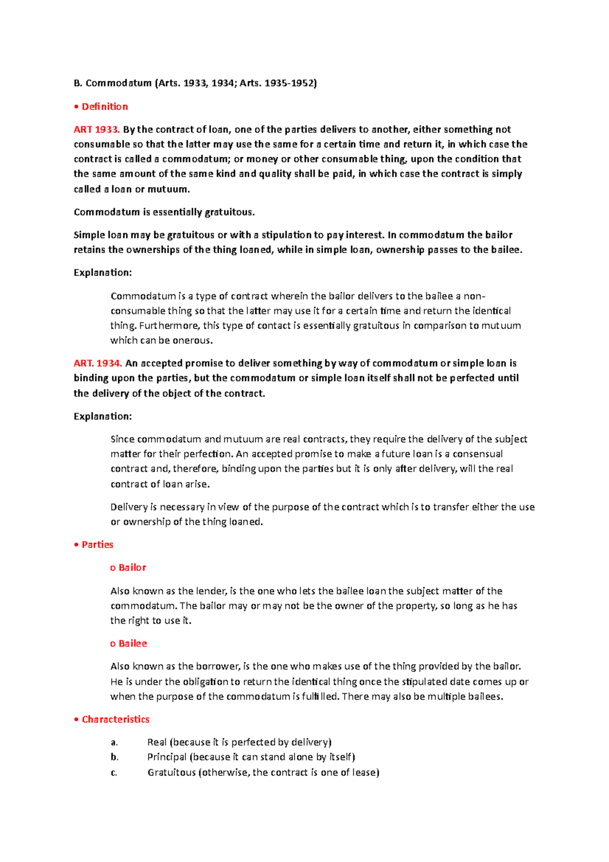 Week-2-Reviewer - law notes - B. Commodatum (Arts. 1933, 1934; Arts ...