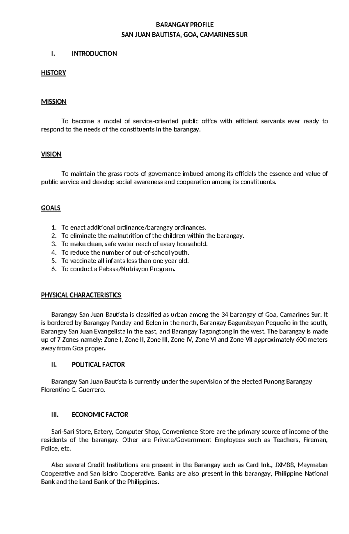 SAN JUAN Bautista Barangay Profile - BARANGAY PROFILE SAN JUAN BAUTISTA ...