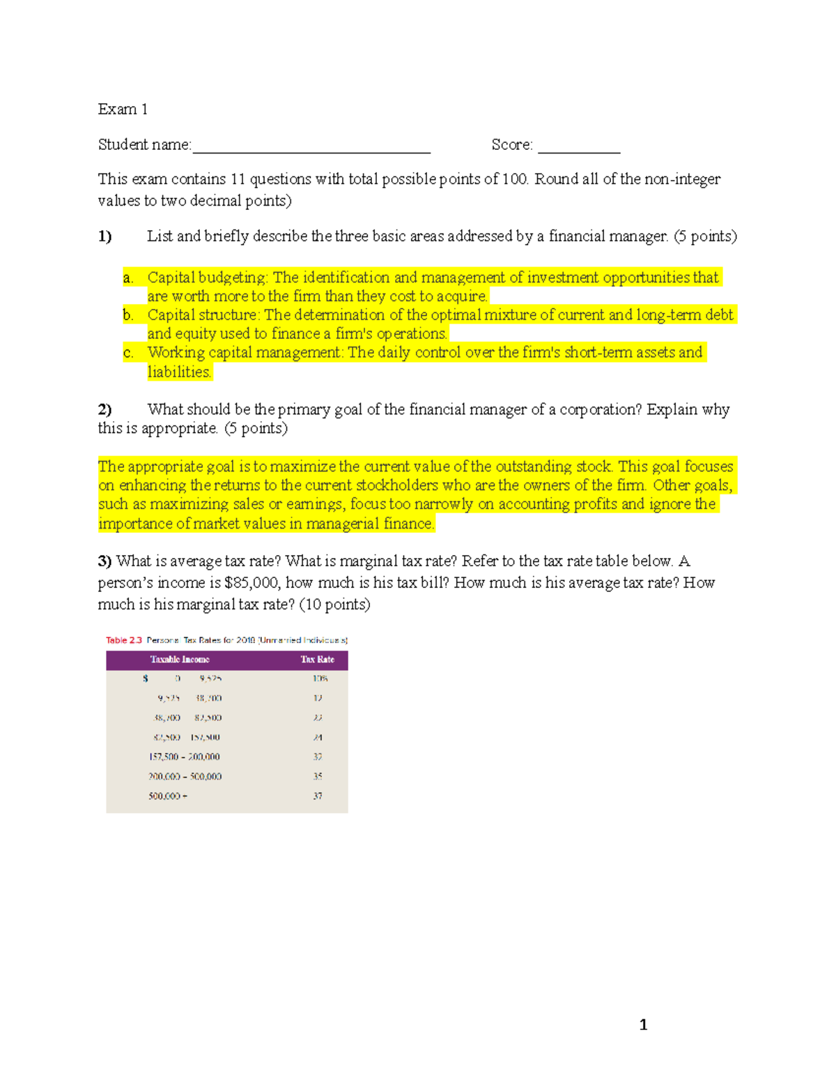 Exam 1 Questions Answers - Exam 1 Student name ...