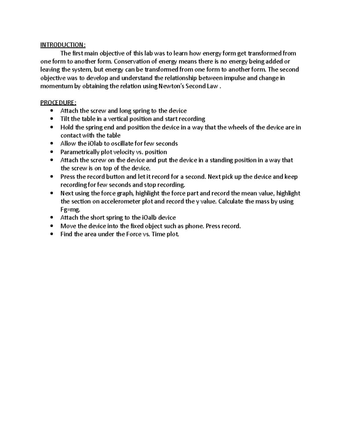 Momentum and Energy - lab report - INTRODUCTION: The first main ...