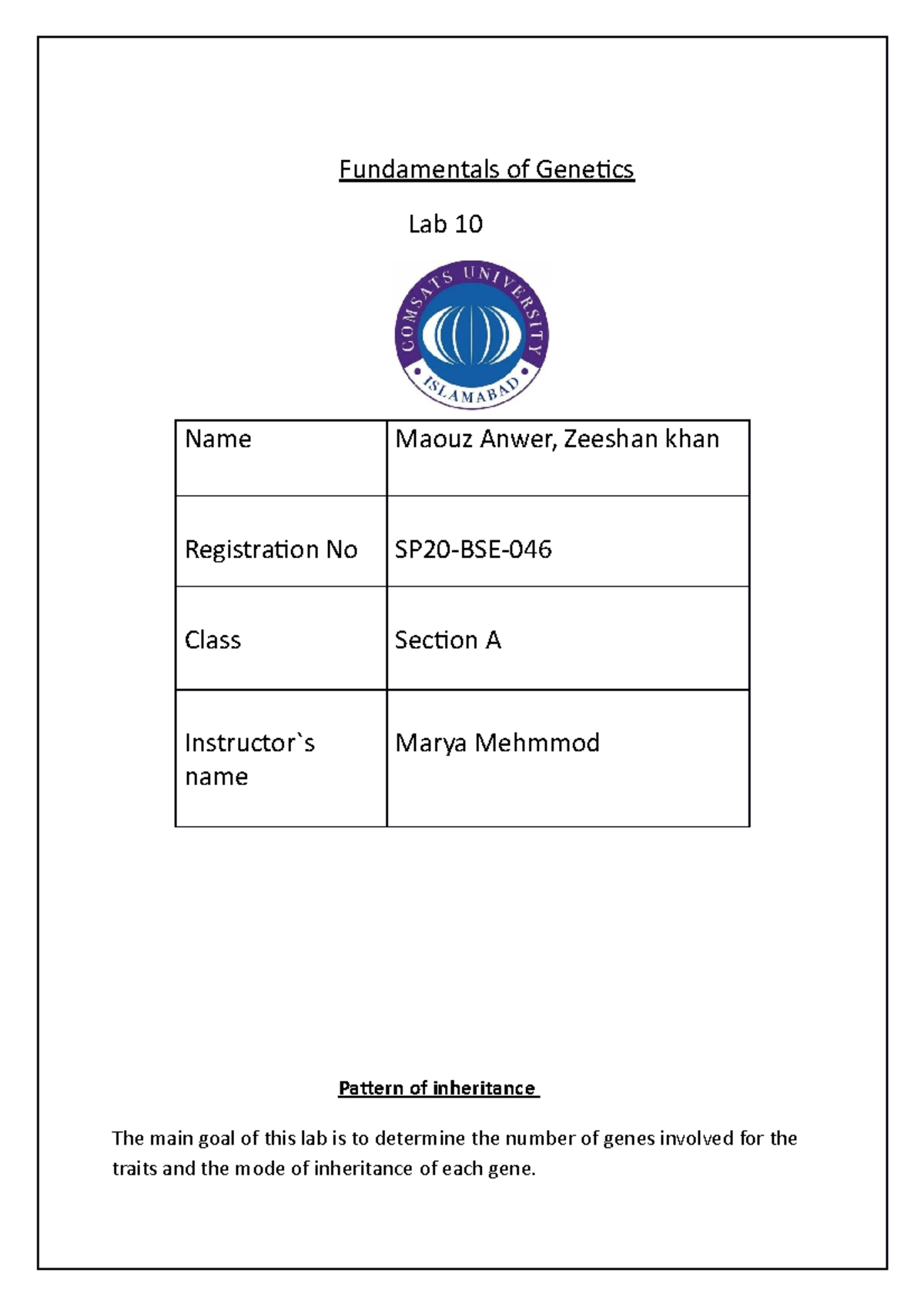 Lab 10 - Fundamentals of Genetics Lab 10 Pattern of inheritance The ...