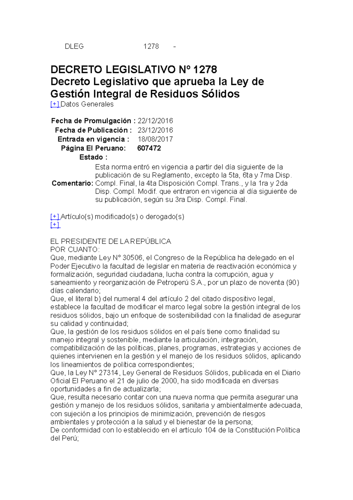 Ley Gestión integral residuos Sólidos - DLEG 1278 - DECRETO LEGISLATIVO ...