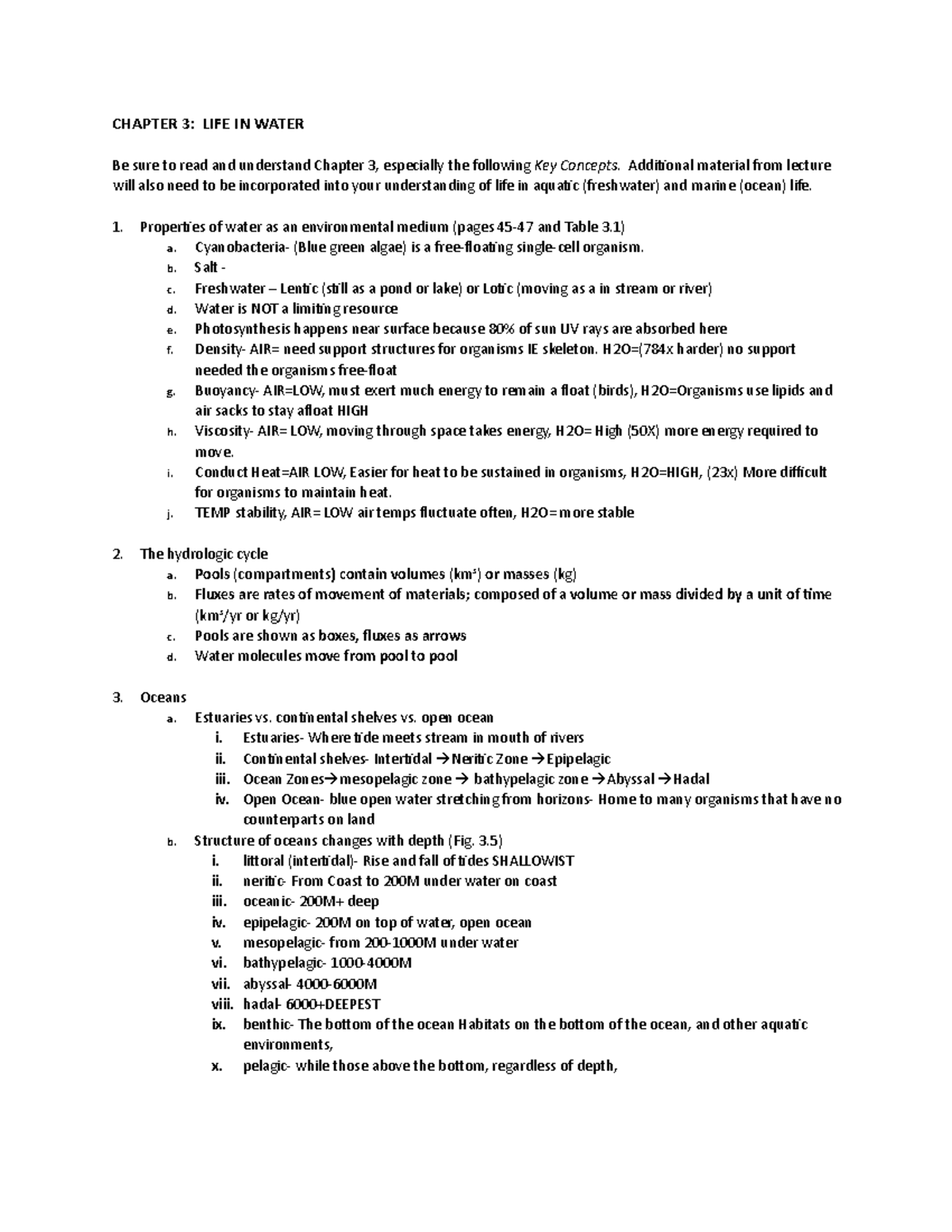 Chapter 3 Important ideas - CHAPTER 3: LIFE IN WATER Be sure to read ...