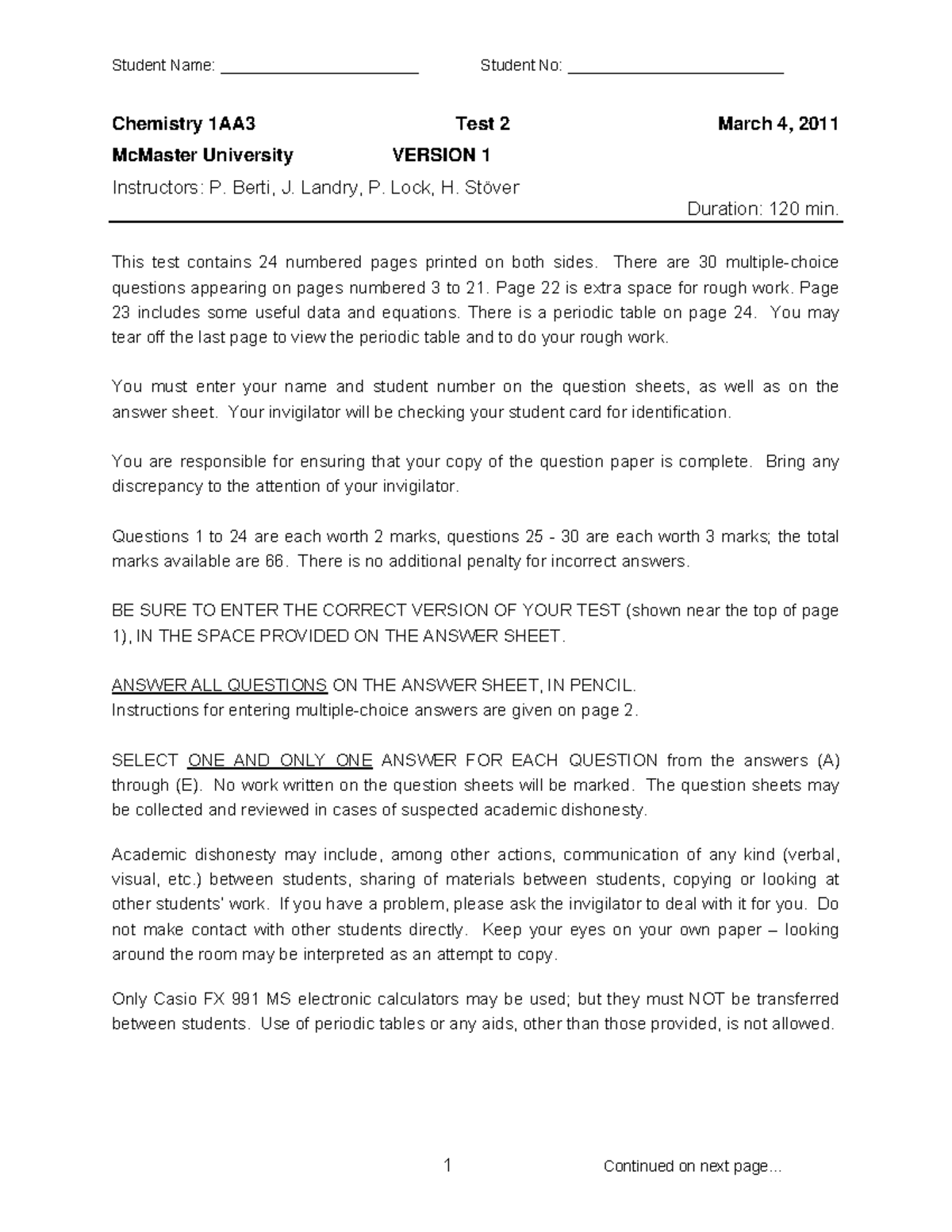 T2-2011-Q - Notes - Chemistry 1AA3 Test 2 March 4, 2011 McMaster ...
