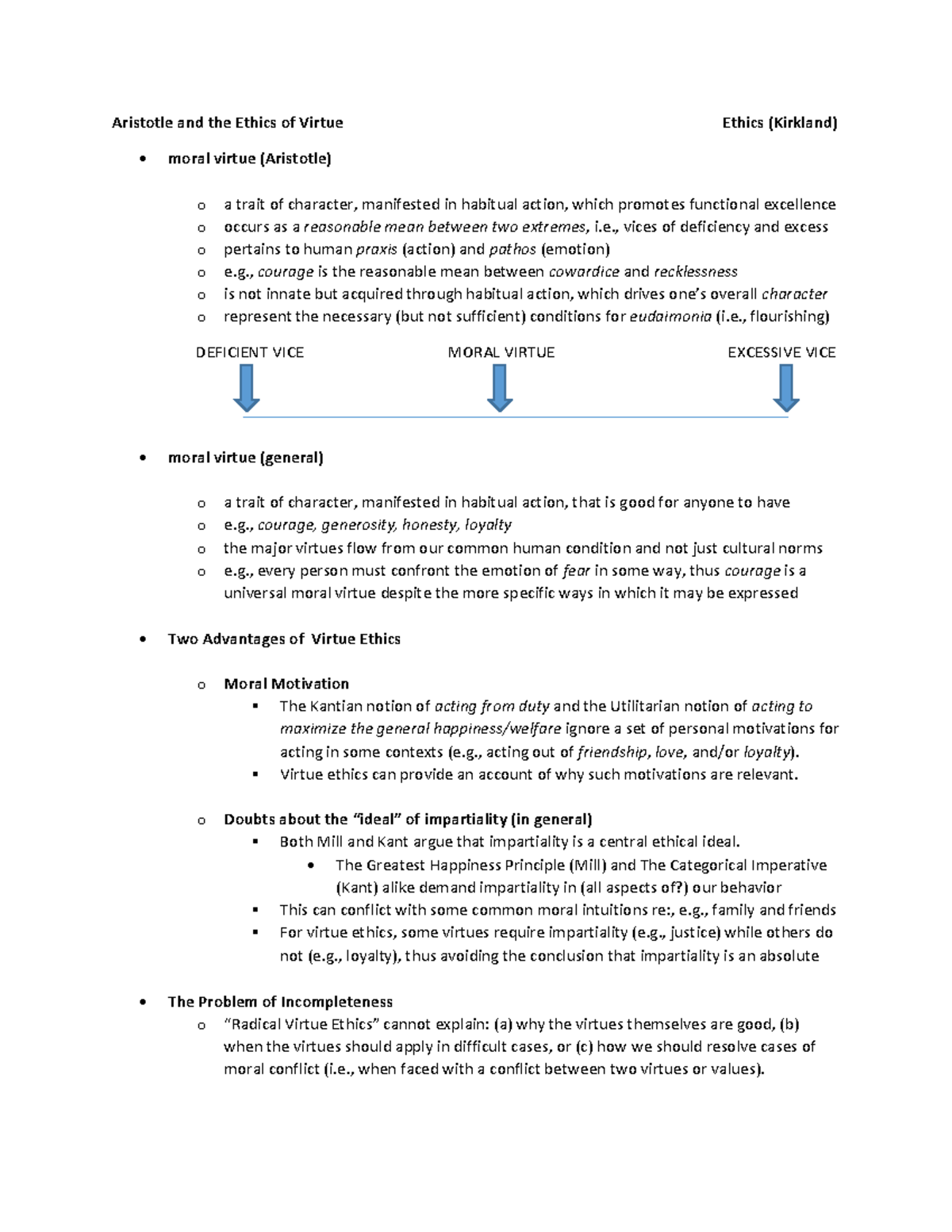 Virtue Ethics handout - Aristotle and the Ethics of Virtue Ethics ...