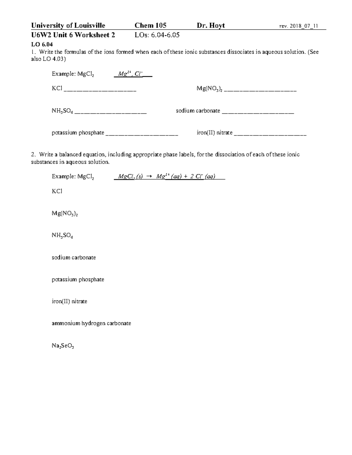 Chem 105 Unit 6 Worksheet 2 - University of LouisvilleU6W2 Unit 6 ...