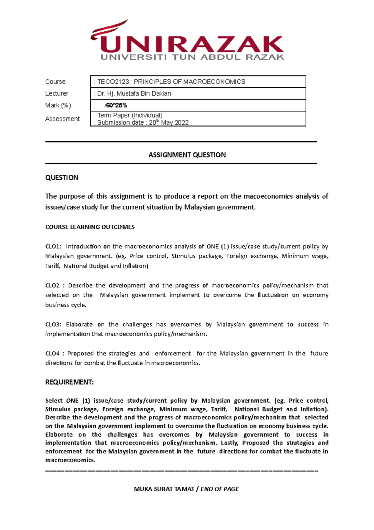 Term Paper Individual Assignment - TECO2123 - ASSIGNMENT QUESTION ...