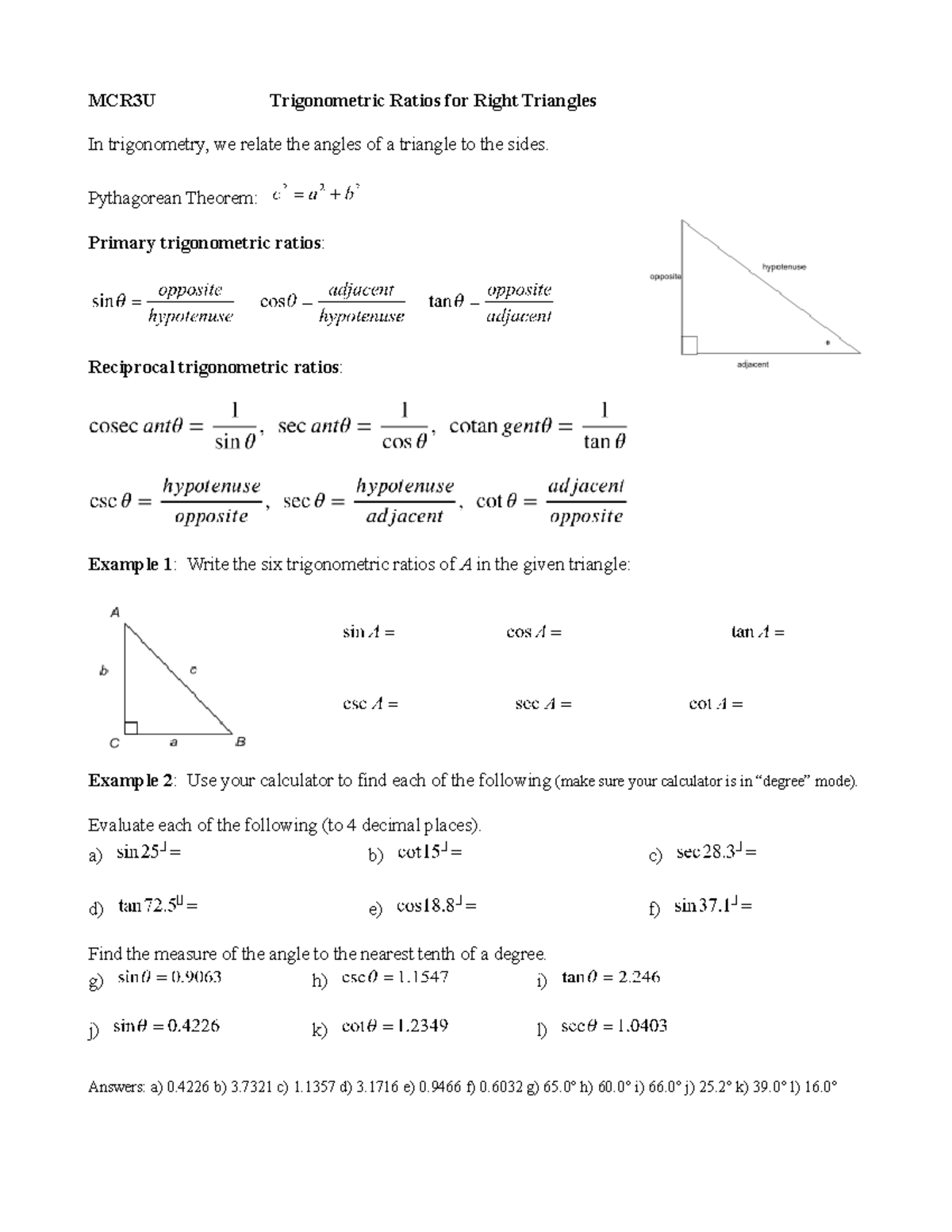 1. Trigonometric Ratios Practice sheet - MCR3U Trigonometric Ratios for ...