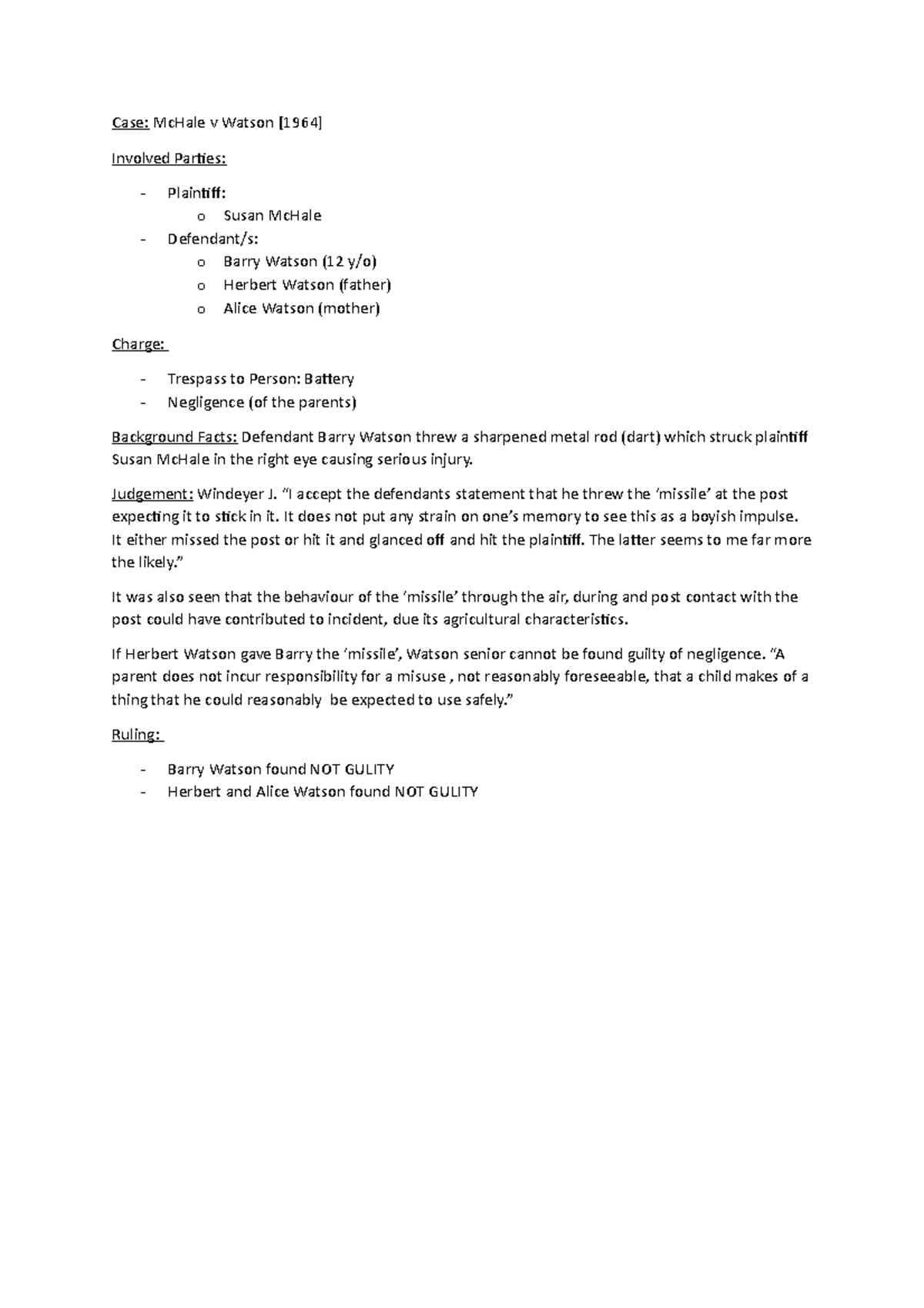 Case Summaries Week 1 - Case Notes - Case: McHale v Watson [1964 ...