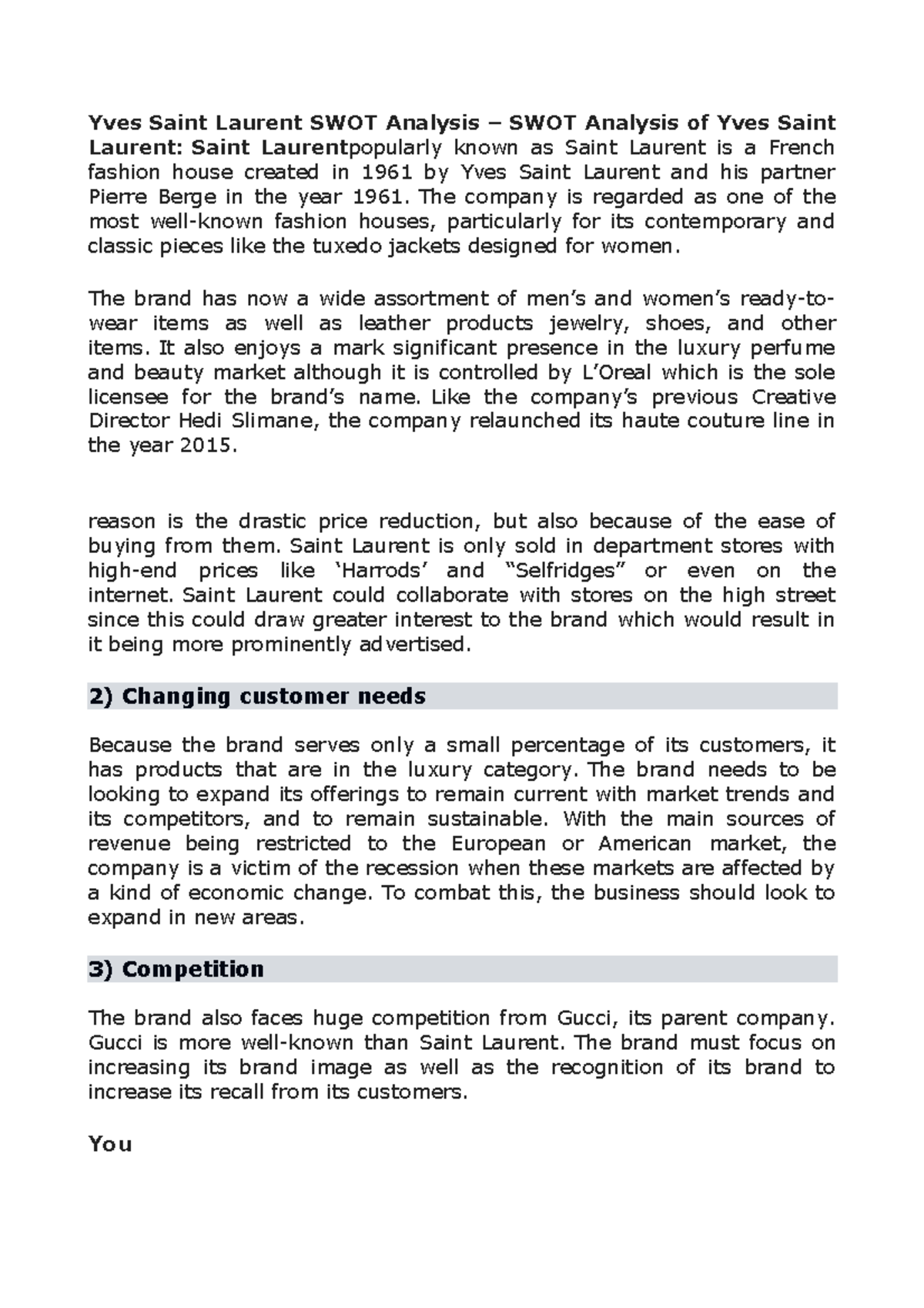 Ent SWOT - marketing - Yves Saint Laurent SWOT Analysis – SWOT Analysis ...