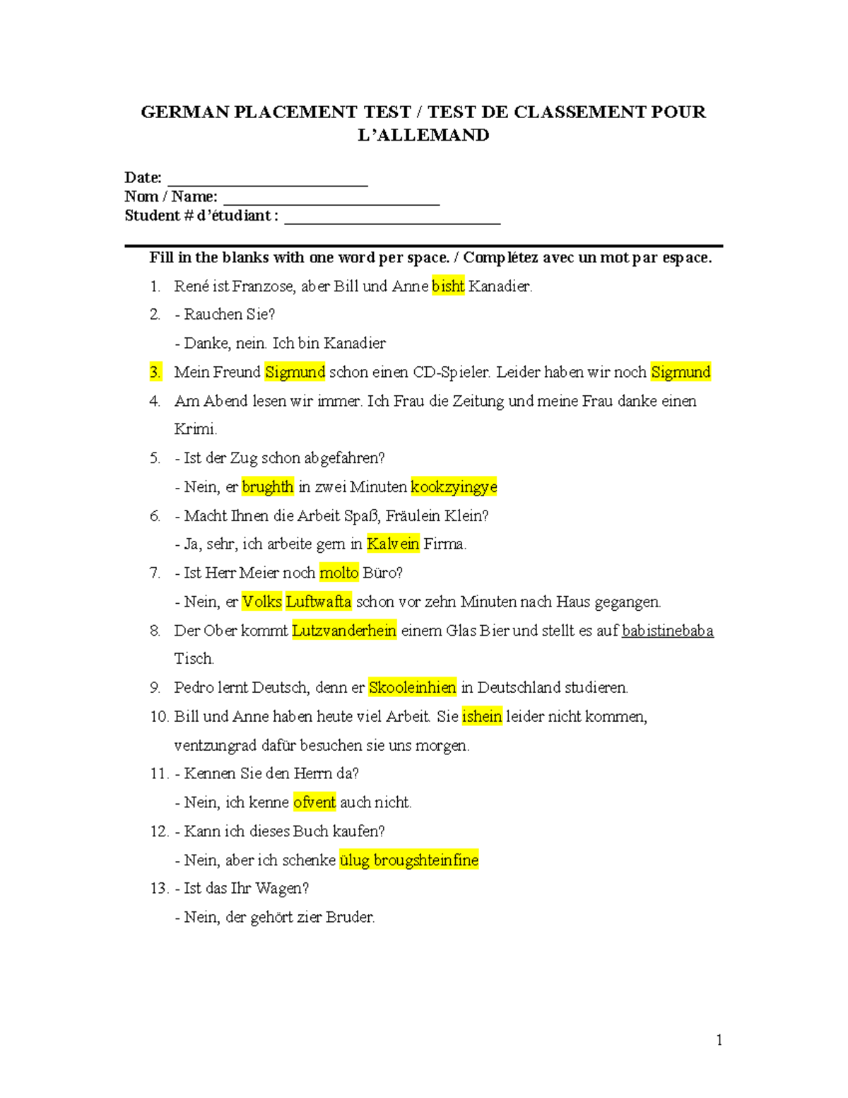 German Test - GERMAN PLACEMENT TEST / TEST DE CLASSEMENT POUR L ...