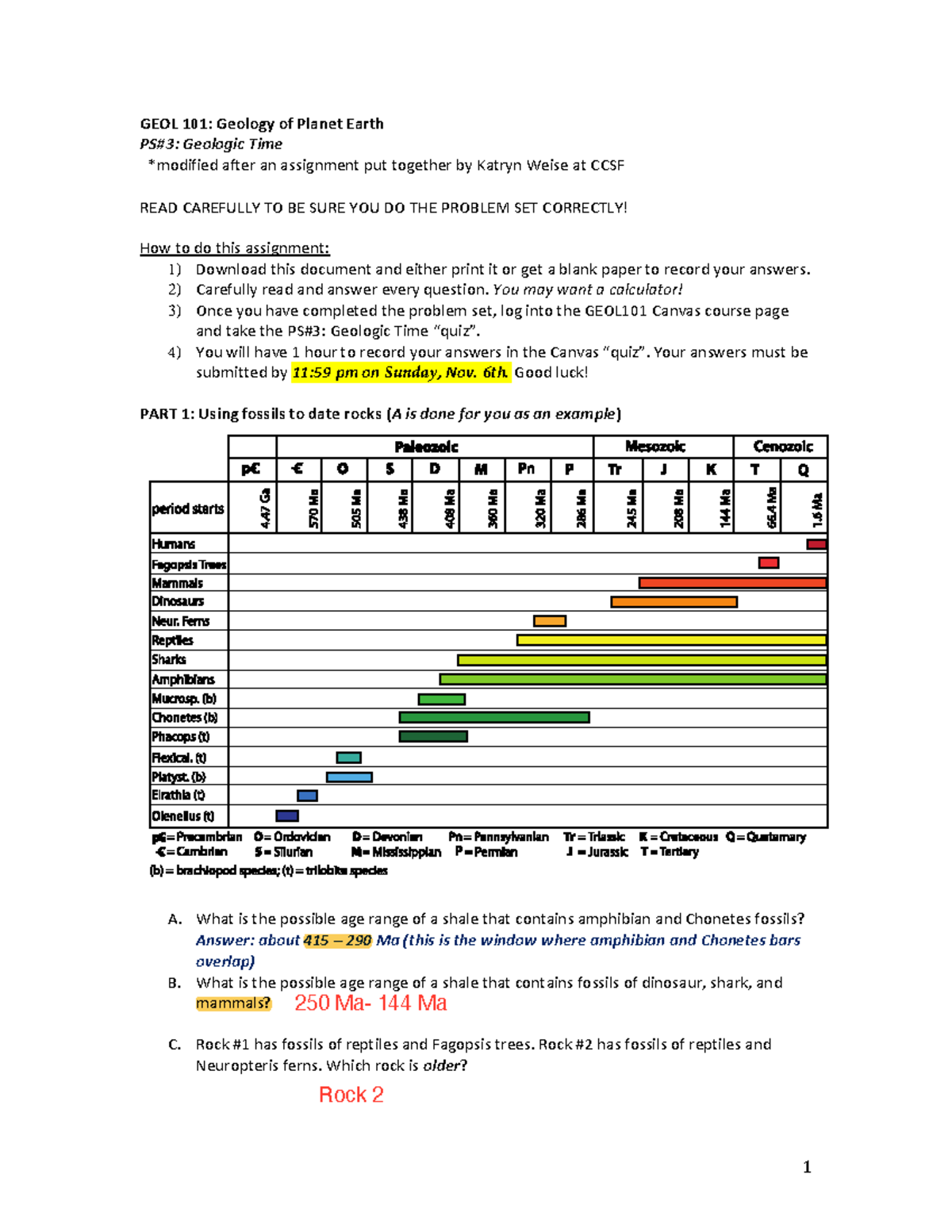 PS#3 - With answers - GEOL 101: Geology of Planet Earth PS#3: Geologic ...