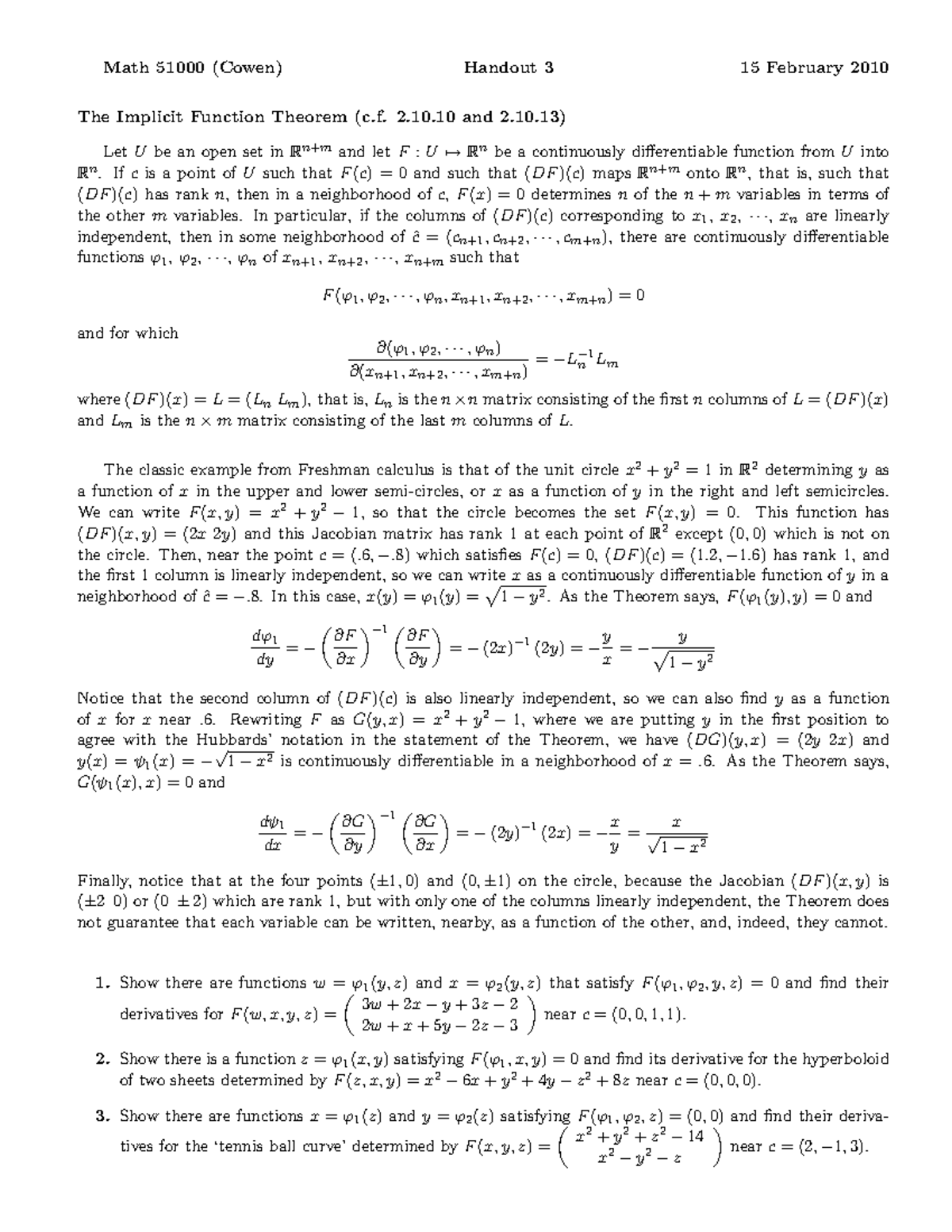 510 Handout 3 - Math 51000 (Cowen) Handout 3 15 February 2010 The ...