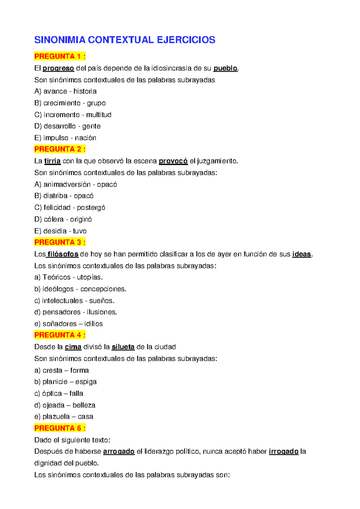 Sinonimia contextual Ejercicios - SINONIMIA CONTEXTUAL EJERCICIOS ...