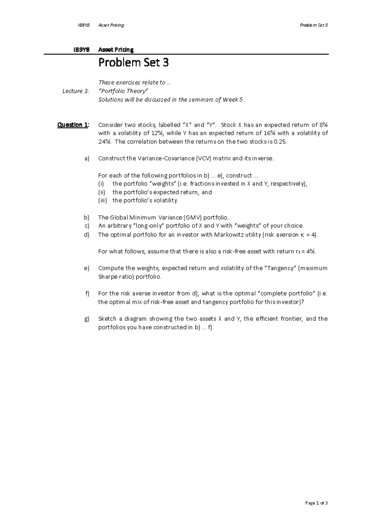 AP Set 3 - Asset Pricing Seminar Questions from week 3 - IB9Y8 Asset Pricing Problem Set 3 Page ...