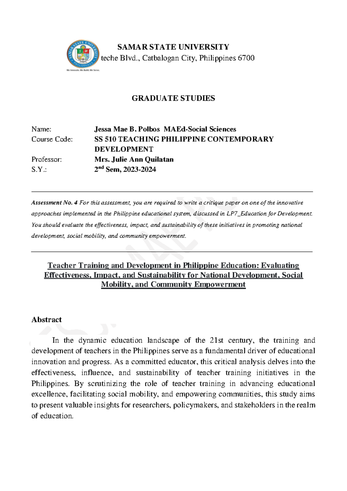 Critique Paper ON PHIL EDUC Innovative Approaches - SAMAR STATE ...