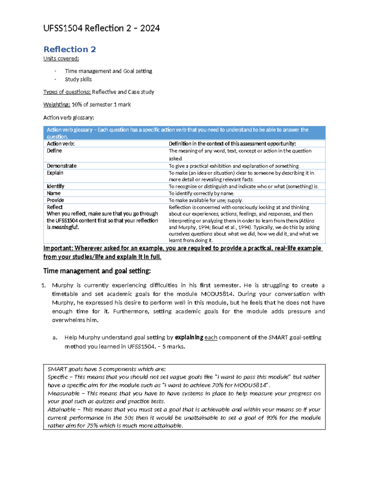 Reflection 2 worksheet Final 2024 - Reflection 2 Units covered: Time ...