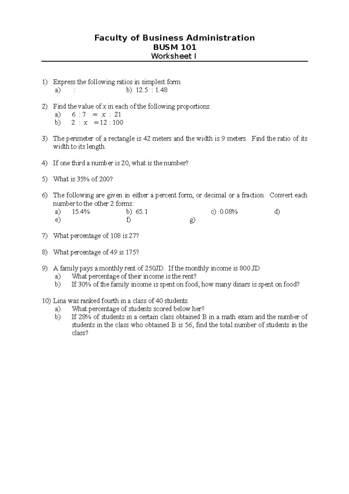 Assignment 1 2 - Faculty of Business Administration BUSM 101 Worksheet ...