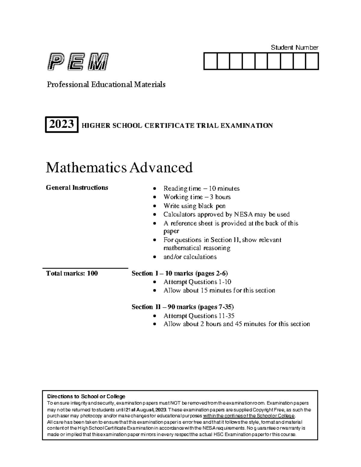 PEM 2023 Examination (1) - Student Number Professional Educational ...