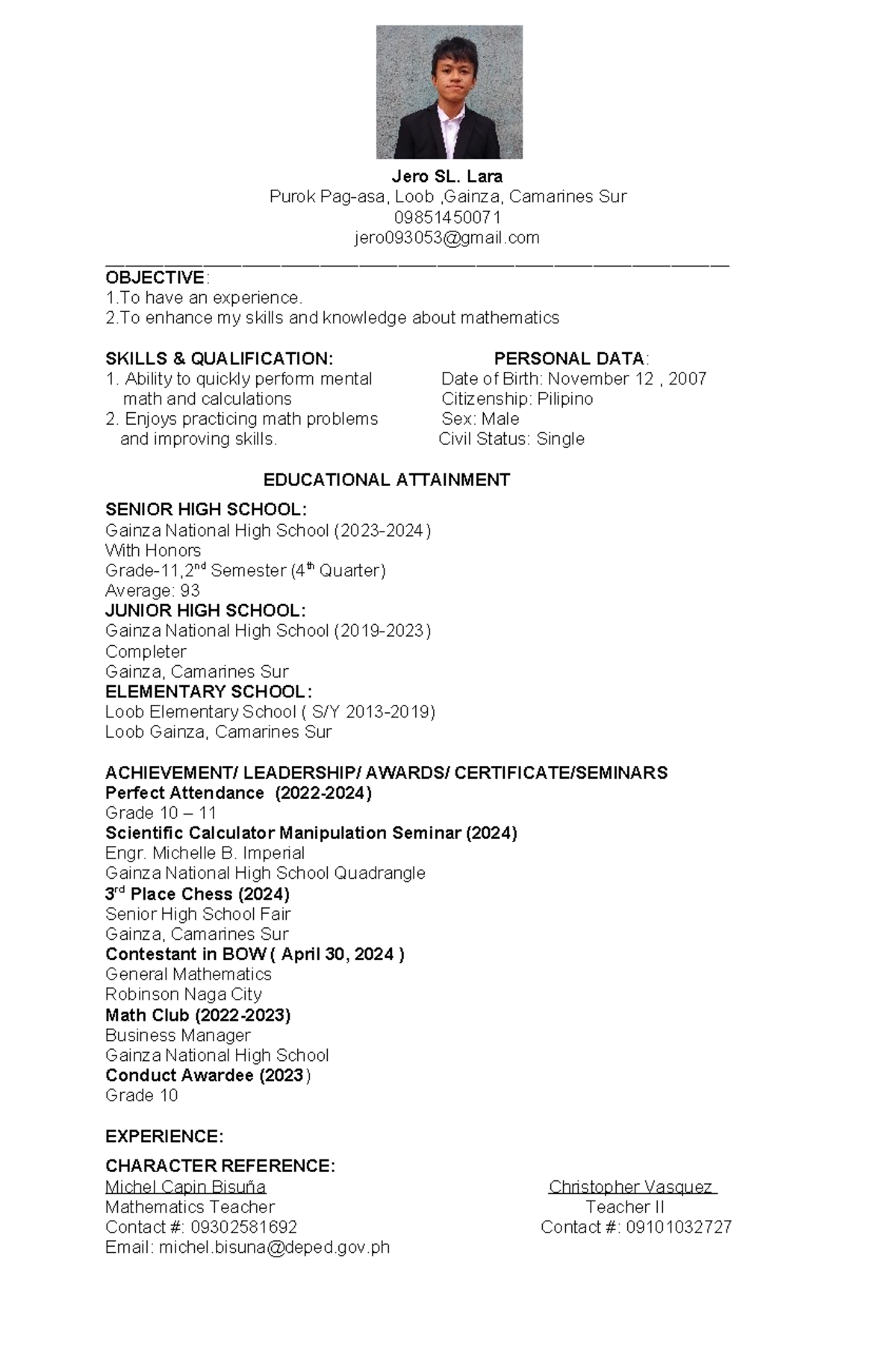 LARA Resume - Hehe - Jero SL. Lara Purok Pag-asa, Loob ,Gainza ...
