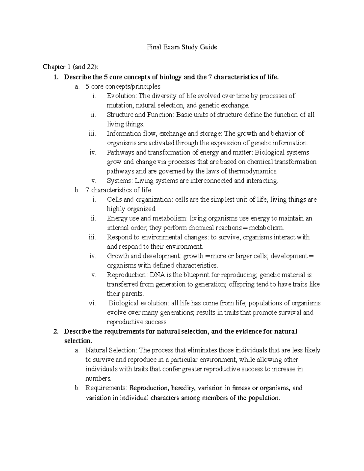 BIO 1200 Final Exam Review - Final Exam Study Guide Chapter 1 (and 22 ...