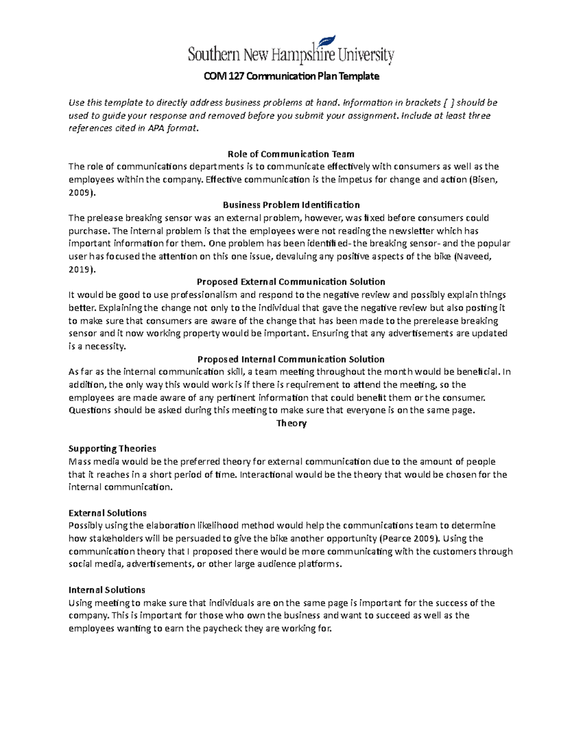 Final Communication Plan - COM 127 Communication Plan Template Use this ...