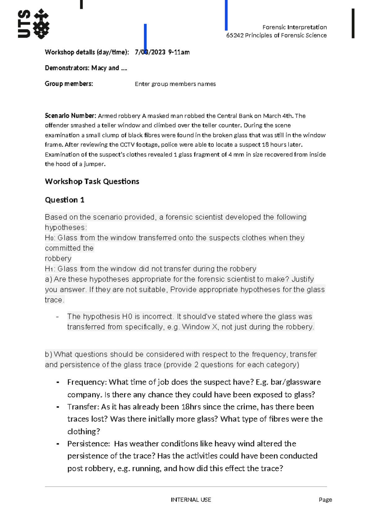 Worksheet week 3 - Forensic Interpretation 65242 Principles of Forensic ...