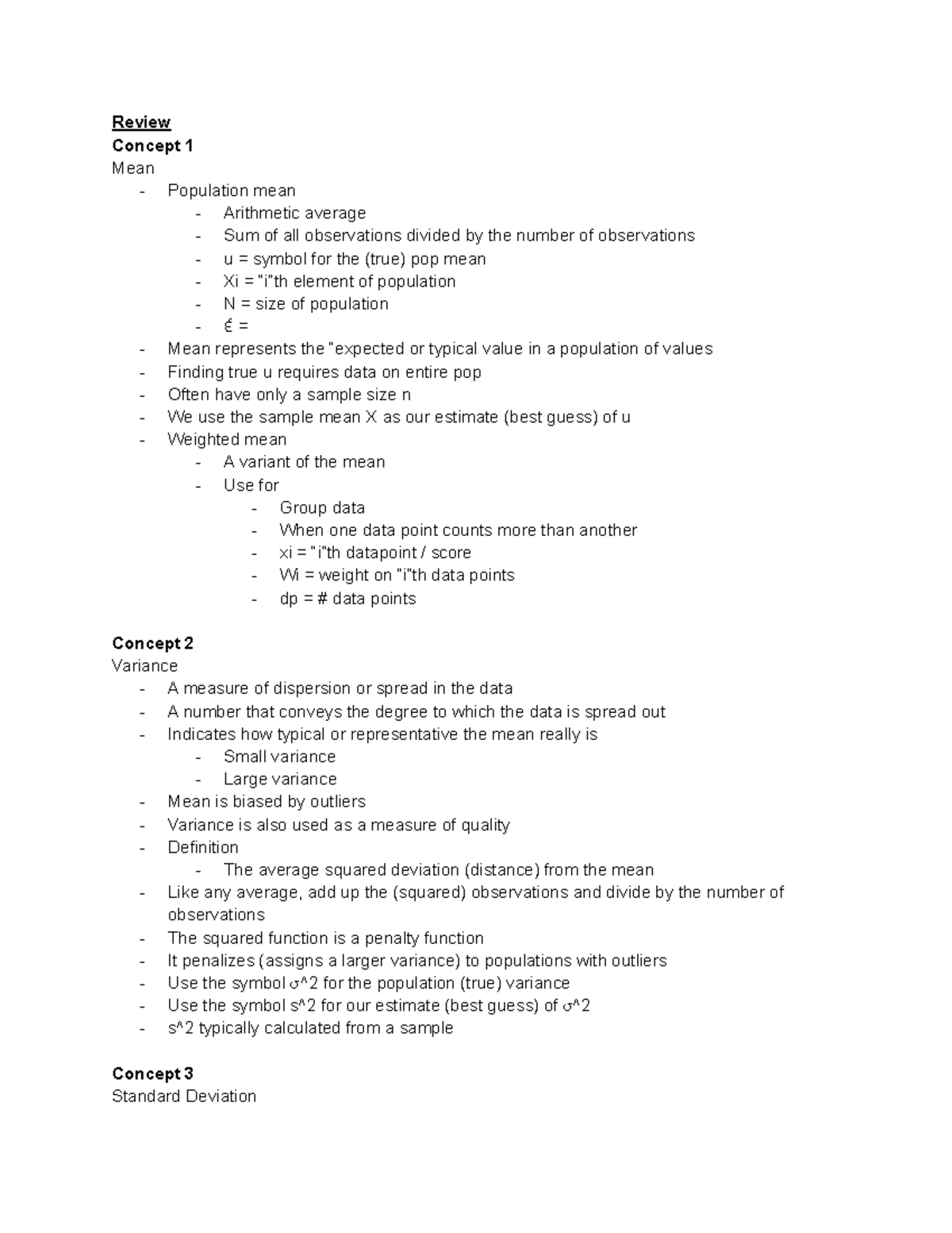 Intermediate Statistics Notes - Review Concept 1 Mean - Population mean ...