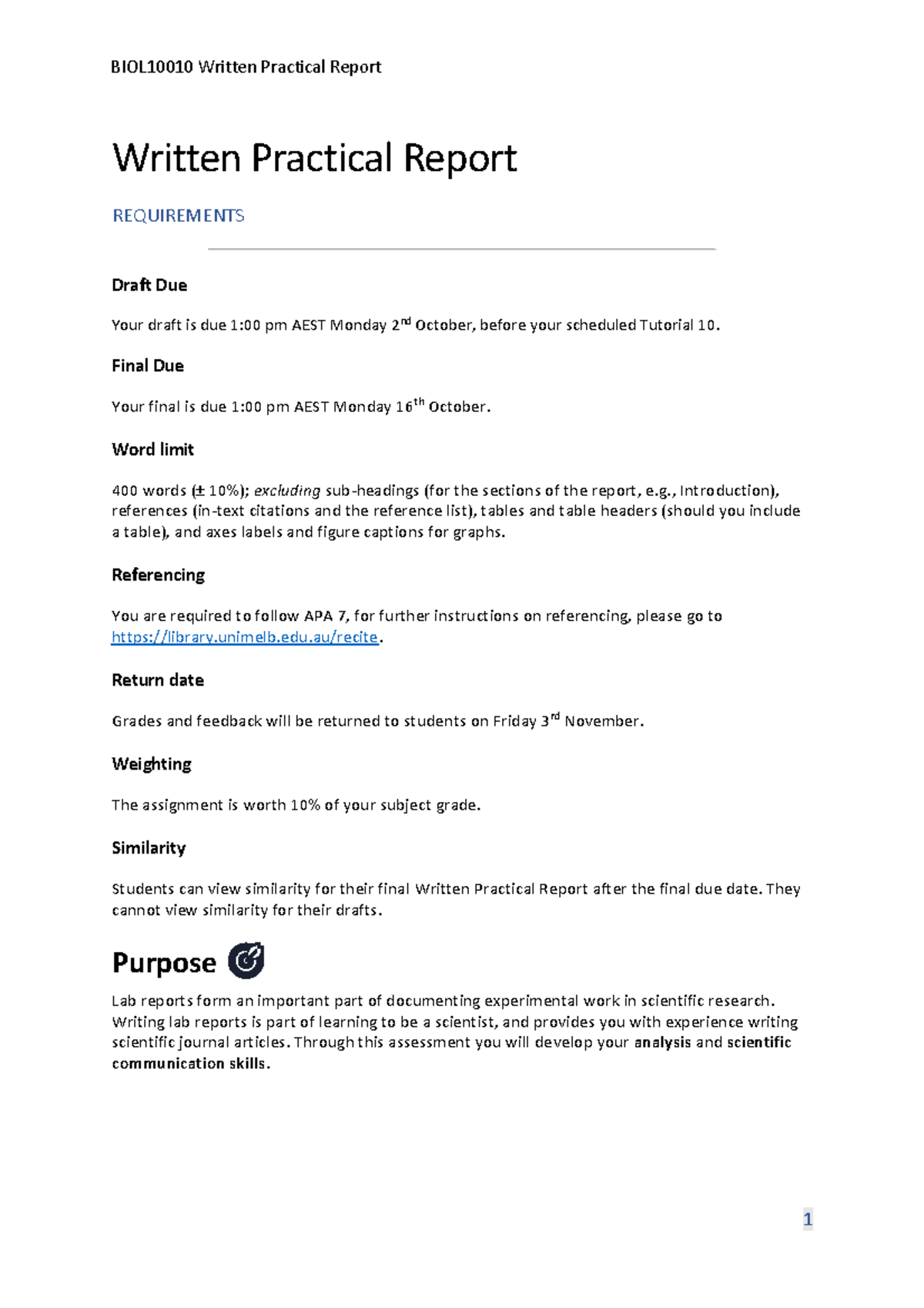 BIOL10010 Written Practical Report Instructions 2023 - Written ...