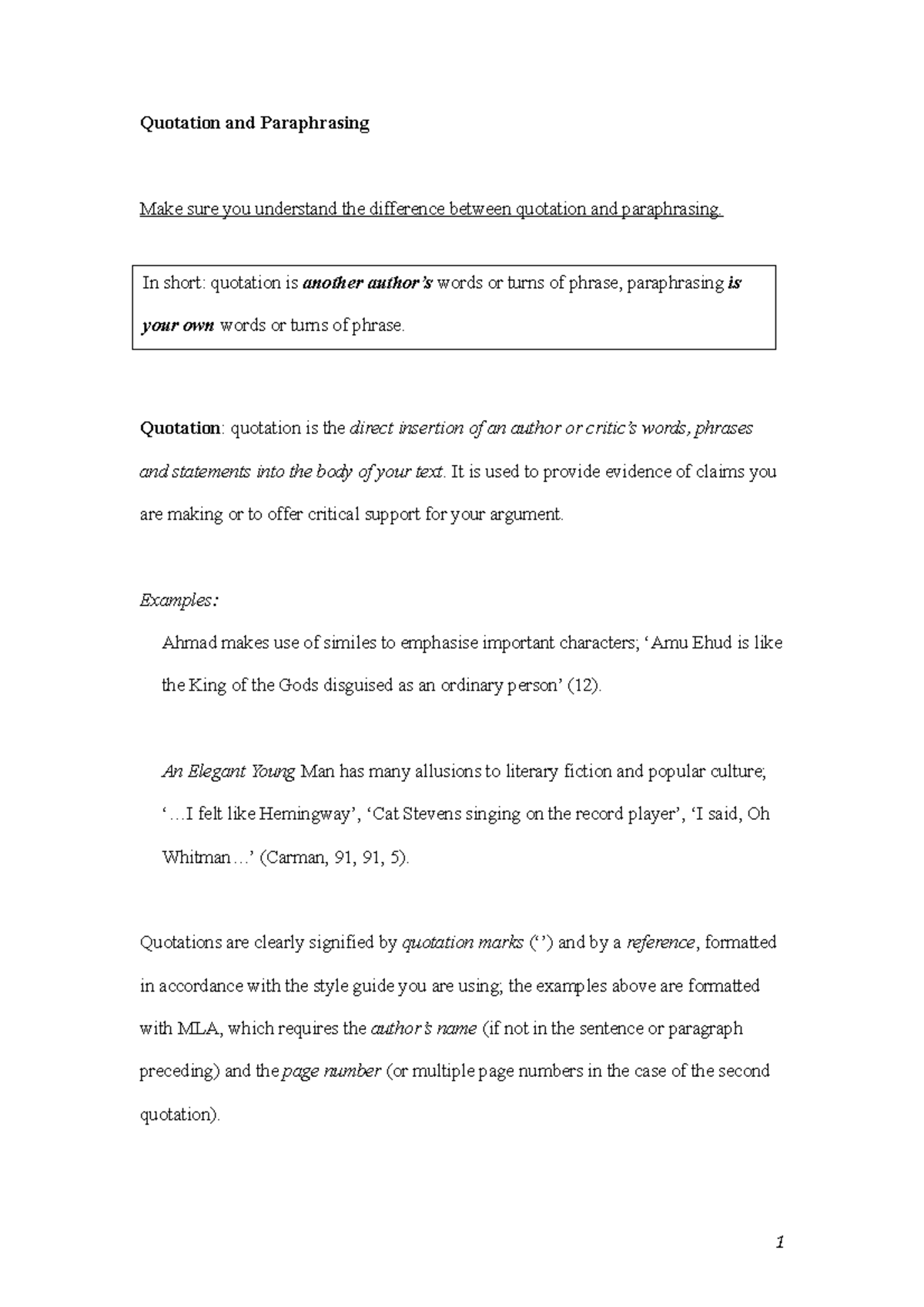 Quotation and Paraphrasing (1) - Quotation and Paraphrasing Make sure ...