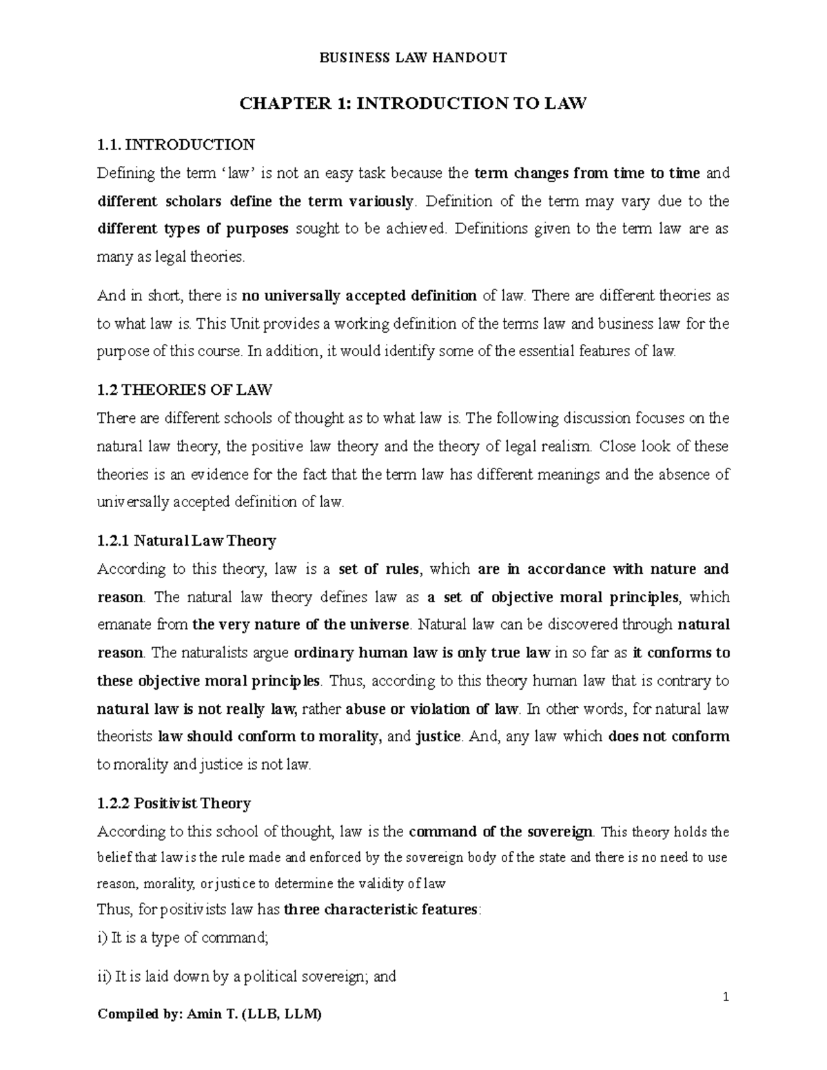 BL Chapter One n Two - teacher amin - CHAPTER 1: INTRODUCTION TO LAW 1 ...