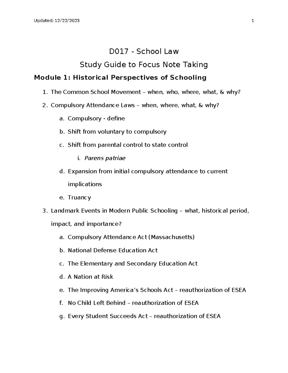 D017 Study Guide - 2024 - D017 - School Law Study Guide to Focus Note ...
