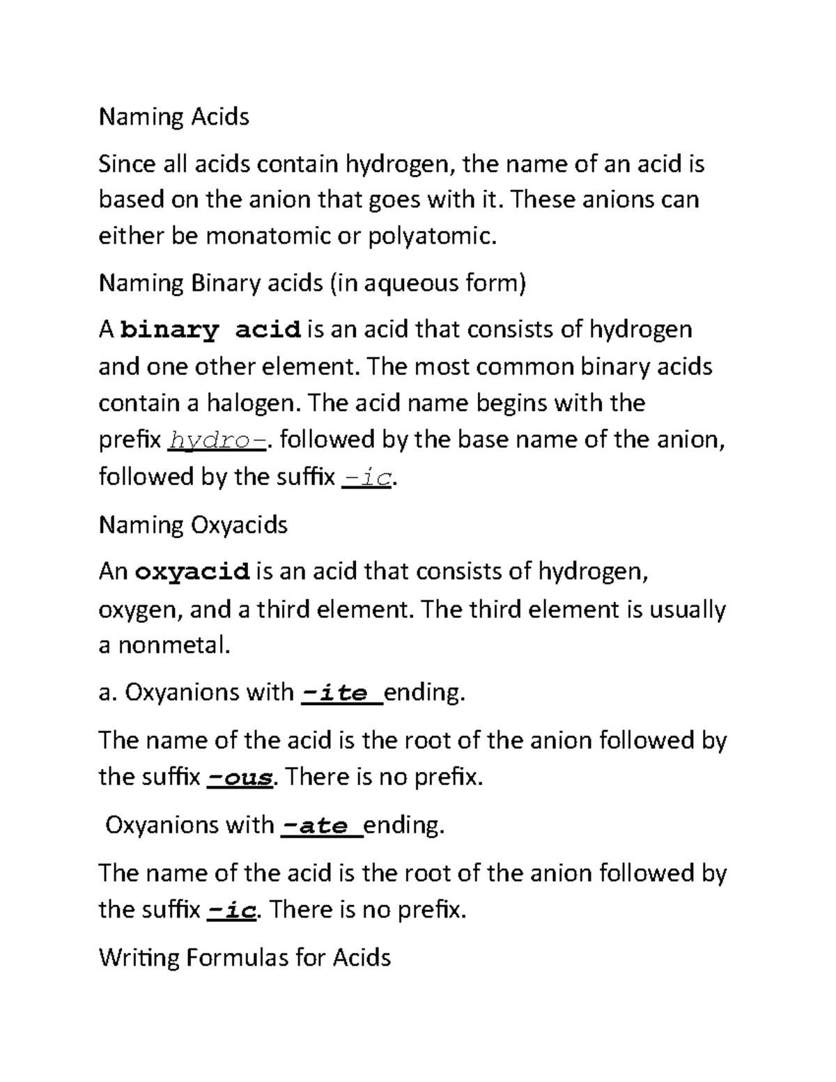 Naming Acids Worksheet