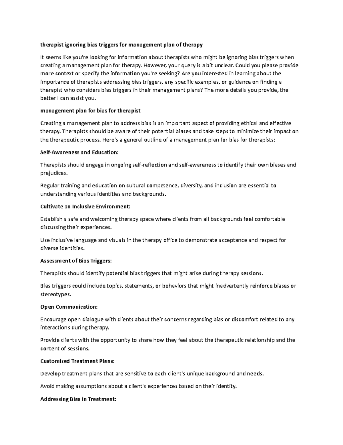 Management Plan for Bias - therapist ignoring bias triggers for ...