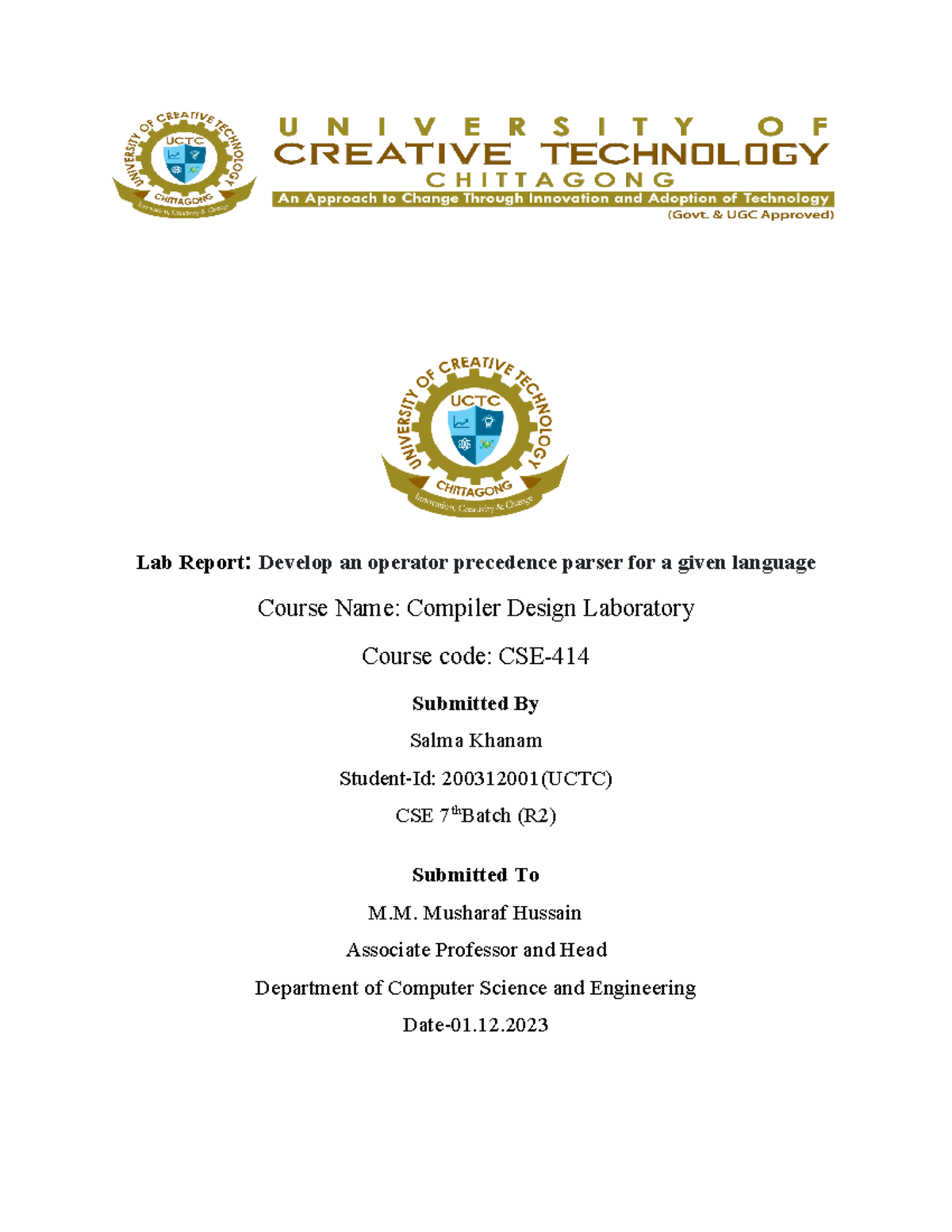 Compiler Design Lab Salma Khanam 2003 12001 - Lab Report: Develop an operator precedence parser ...