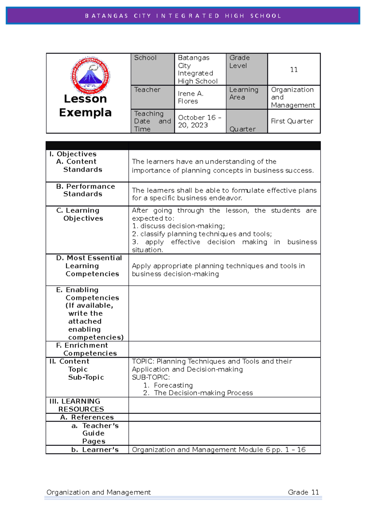 Organization and Management Lesson 7 - School Batangas City Integrated ...
