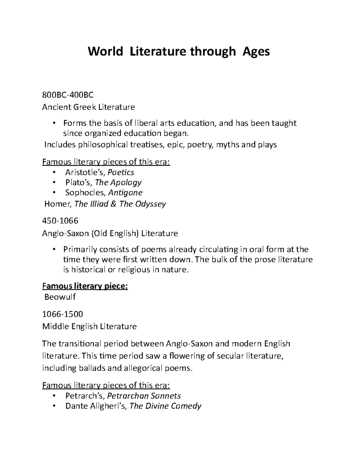 World through Ages - World Literature through Ages 800BC-400BC Ancient ...