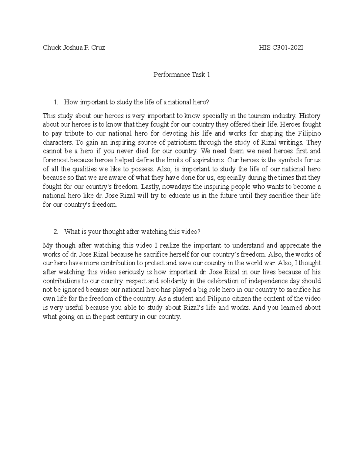 Performance Task 1 Cruz Chuck Joshua - Bachelor of Science in ...