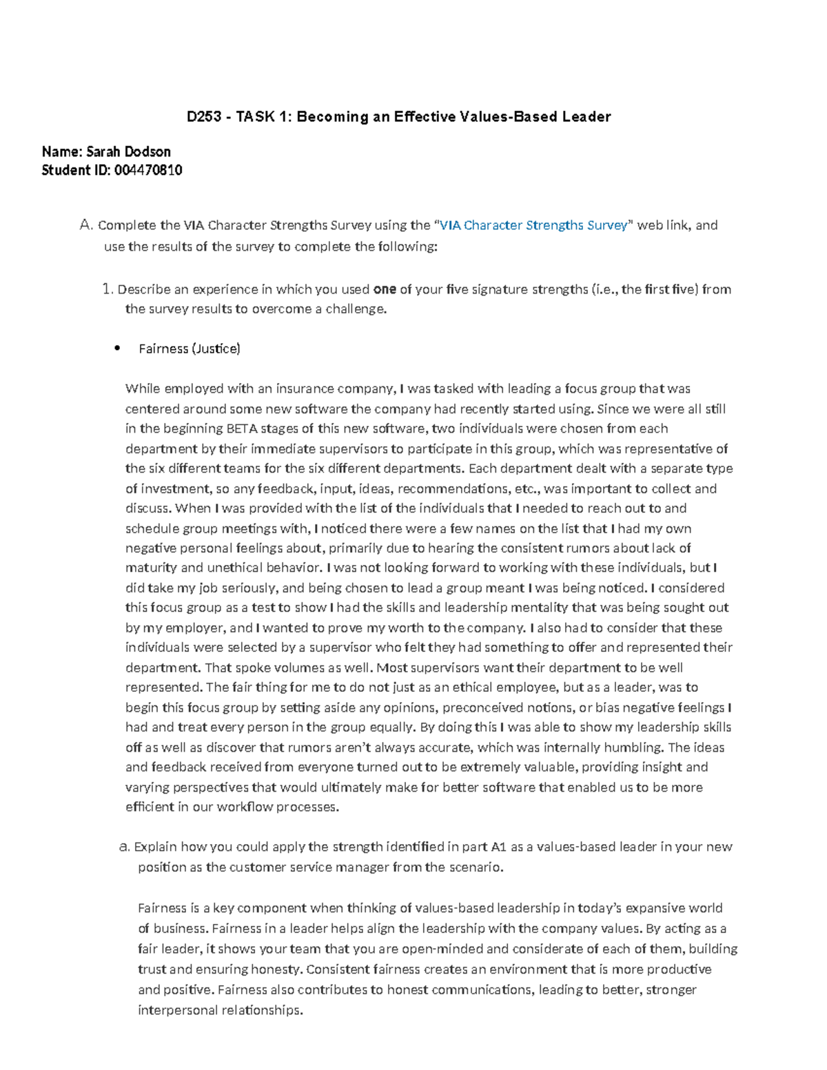 D253 Task 1 SDodson - D253 Task 1: Becoming an Effective Values-Based ...