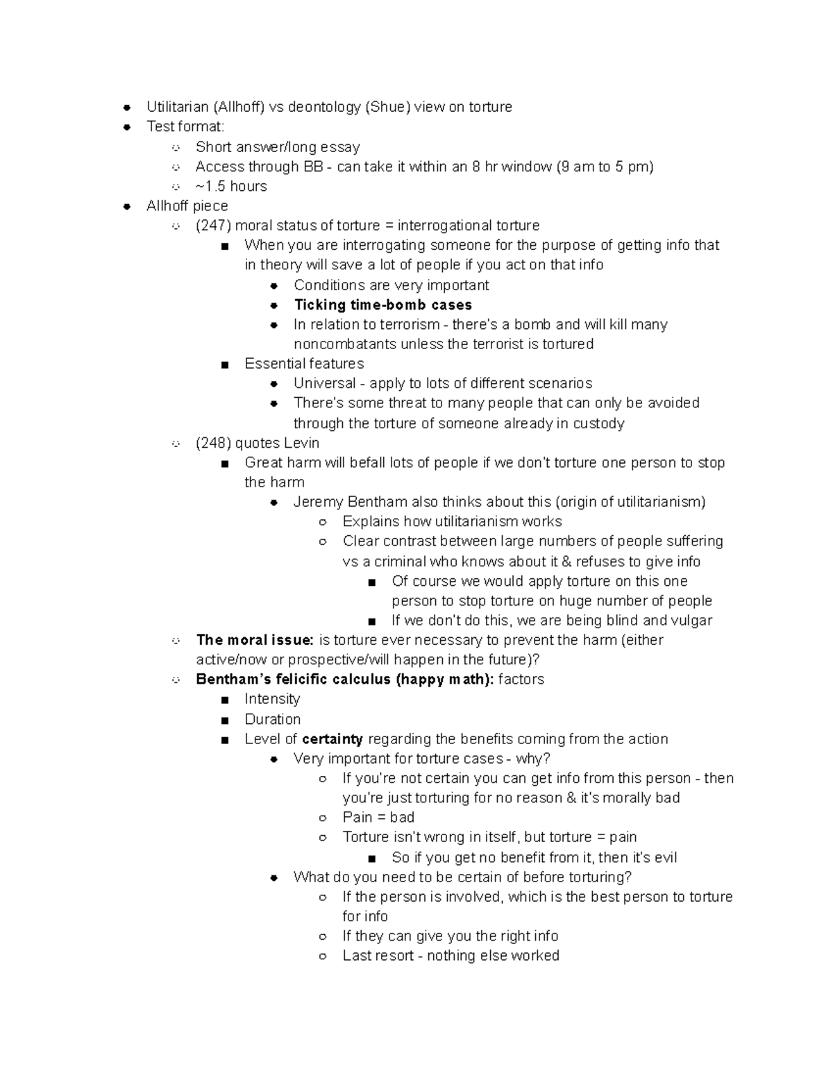 9 23 Lecture Torture - Ethics notes - Utilitarian (Allhoff) vs ...