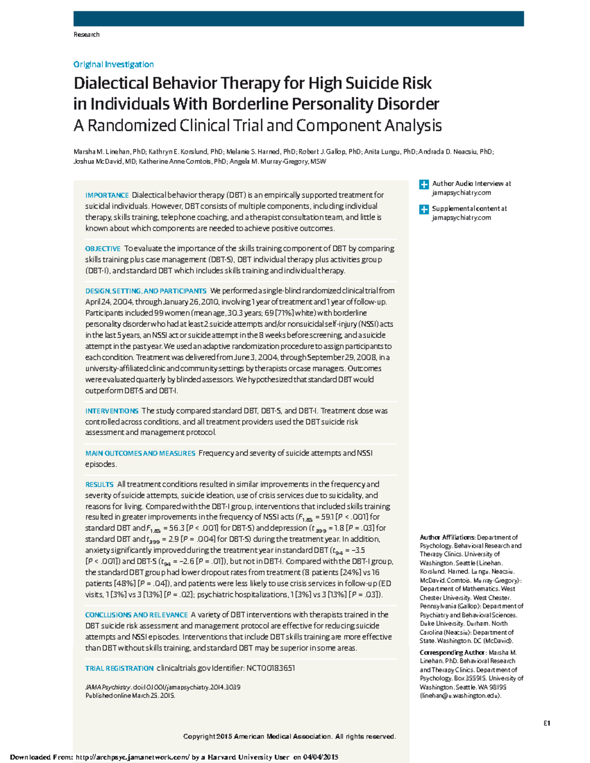 JAMA Psychiatry DBT Component Analysis 2015 - Copyright 2015 American ...