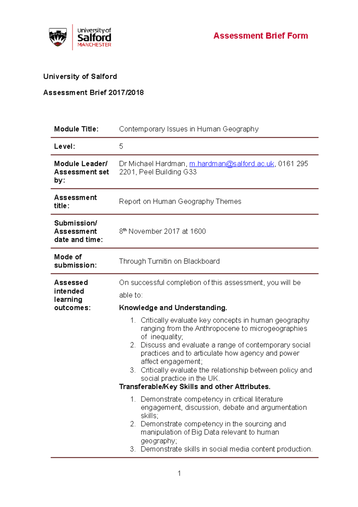 Contemporary Issues in HG - Assessment Brief Form University of Salford ...