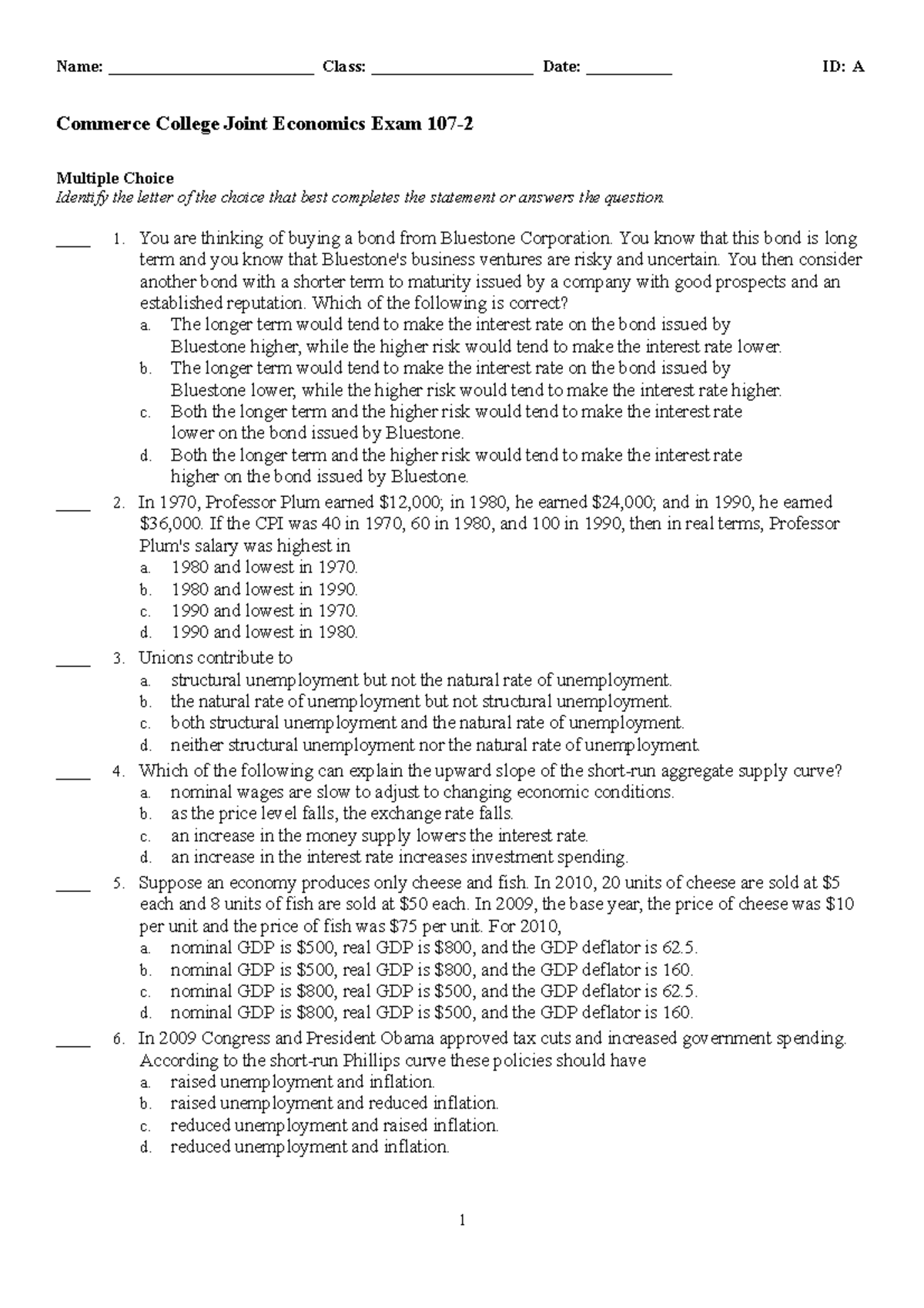 Exam 2019, questions and answers - Name:________________________Class:_________Date: ID:A - Studocu