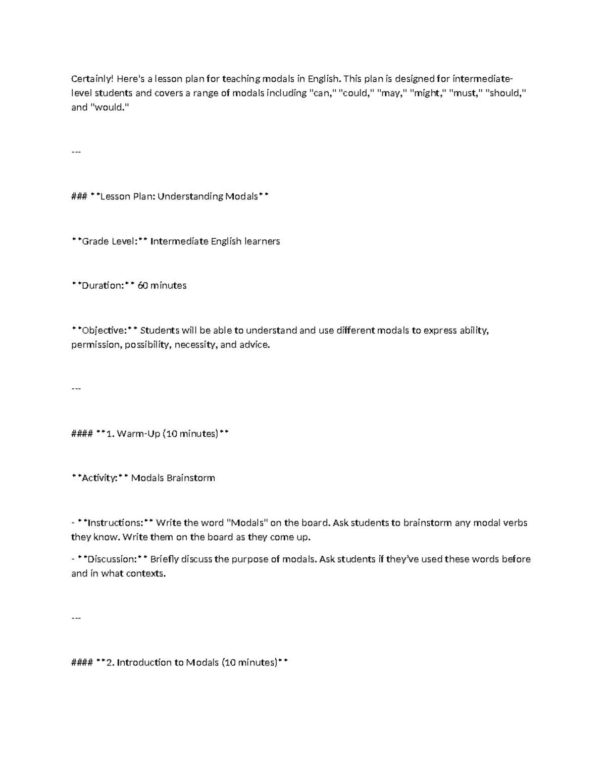 .s.lesson plan 1 modals - Certainly! Here's a lesson plan for teaching ...