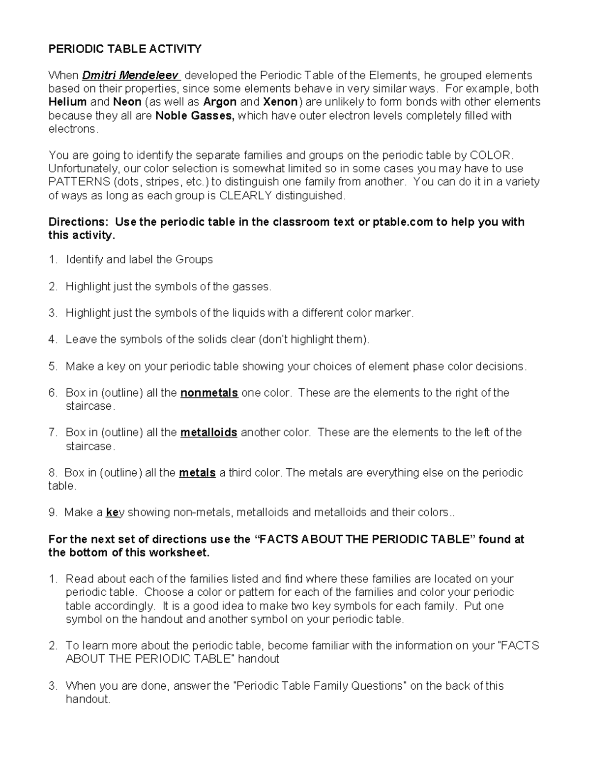 Coloring the periodic table and properties worksheet - PERIODIC TABLE ...