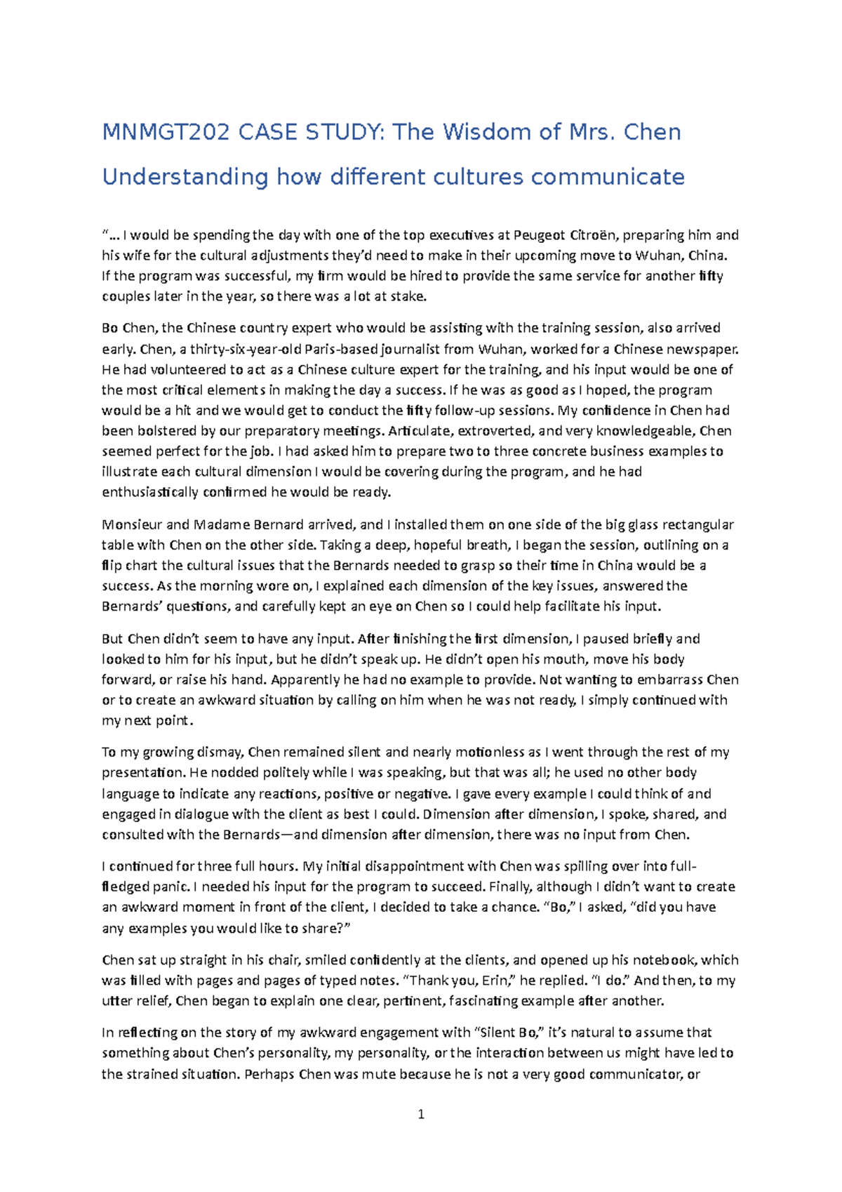 Case Study - Wisdom of Mrs Chen - MNMGT202 CASE STUDY: The Wisdom of ...