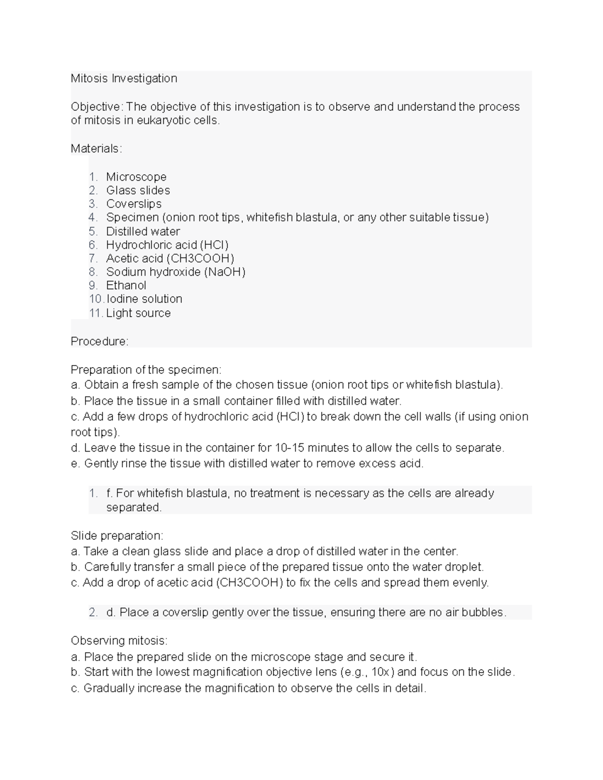 Mitosis Investigation - Mitosis Investigation Objective: The objective ...